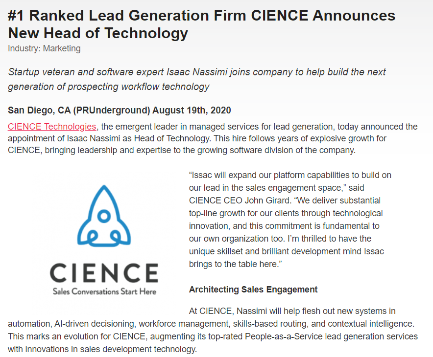 CIENCE Announces New Head of Technology